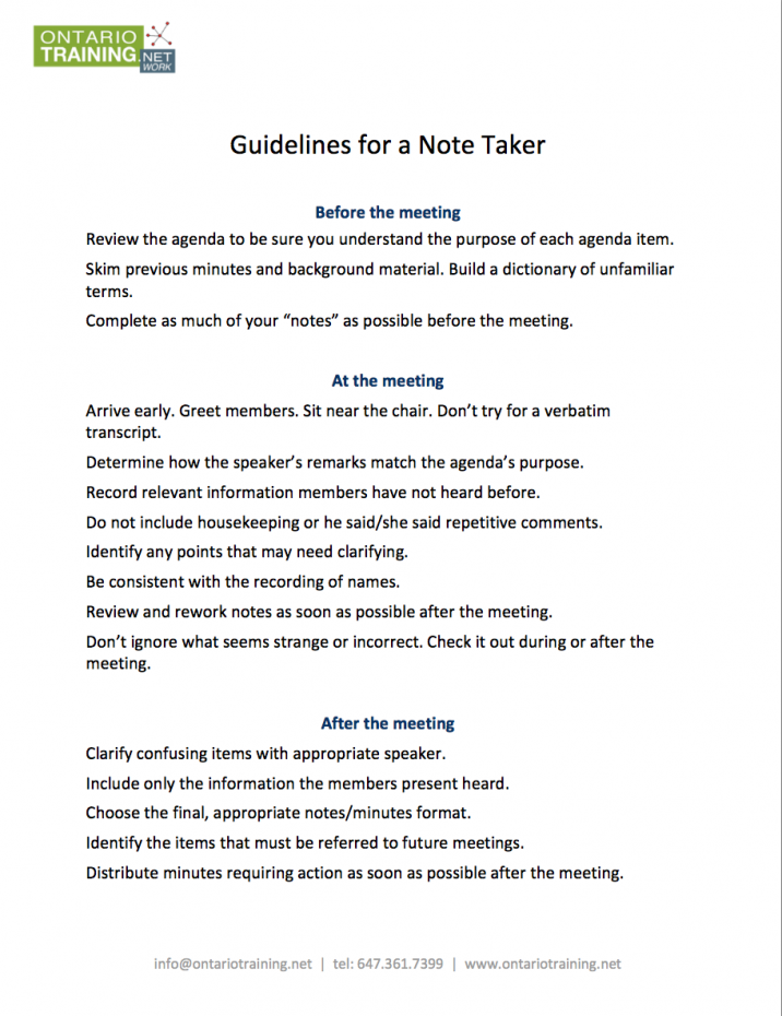 Free Tip Sheet on Minute Taking at Meetings | Ontario Training Network